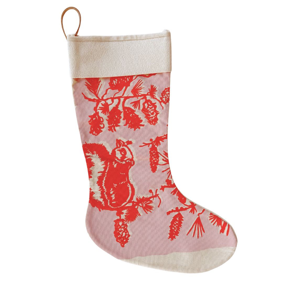 Pink + Red Pine Cone Tree Christmas Stocking by Erin Flett | Freshie & Zero