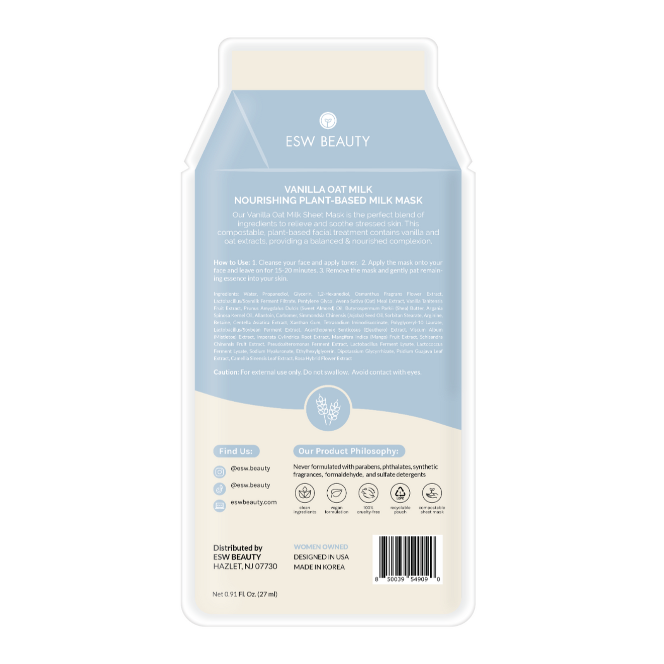 Vanilla Oat Milk Nourishing Plant Based Milk Mask– Freshie & Zero